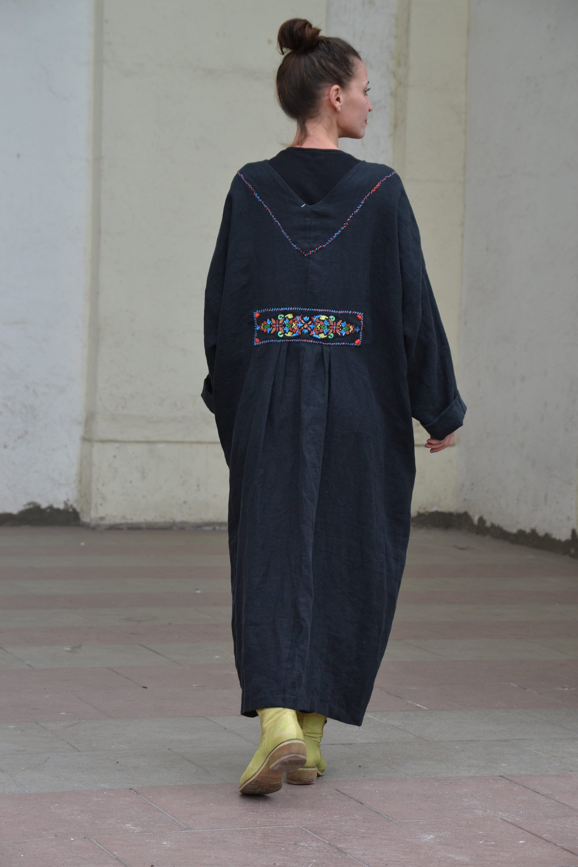 Linen Boho Coat.black With Embroidery.custom Size. - Etsy