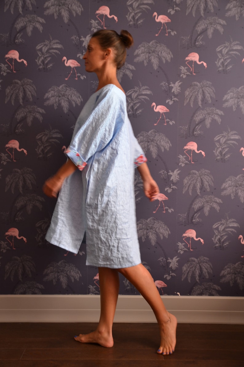Linen Dress- Tunic With Flower Finish.custom Length. Blue Color - Etsy