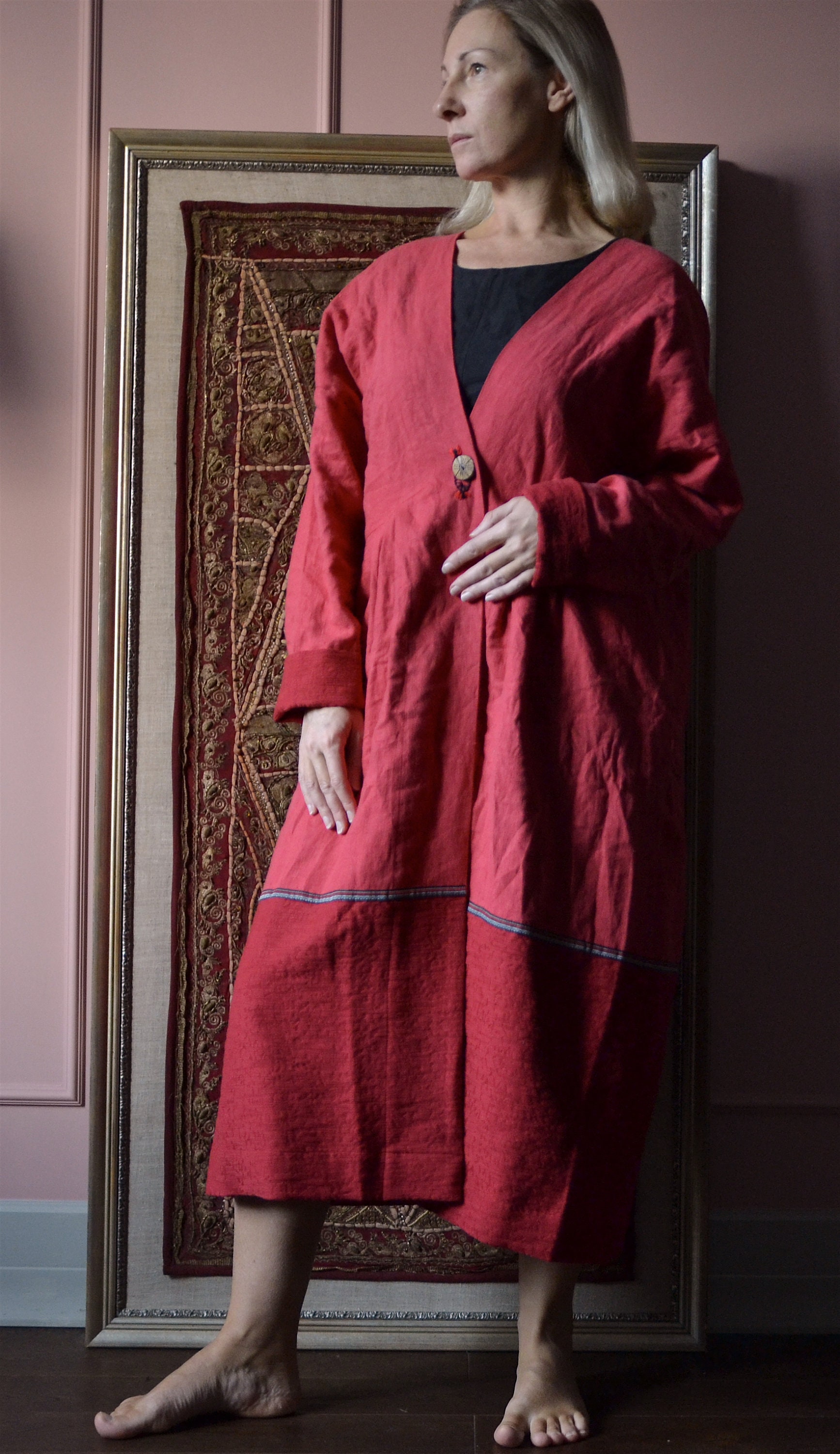 Linen Boho Coat. Luxurious Red. Linen Cardigan. | Etsy