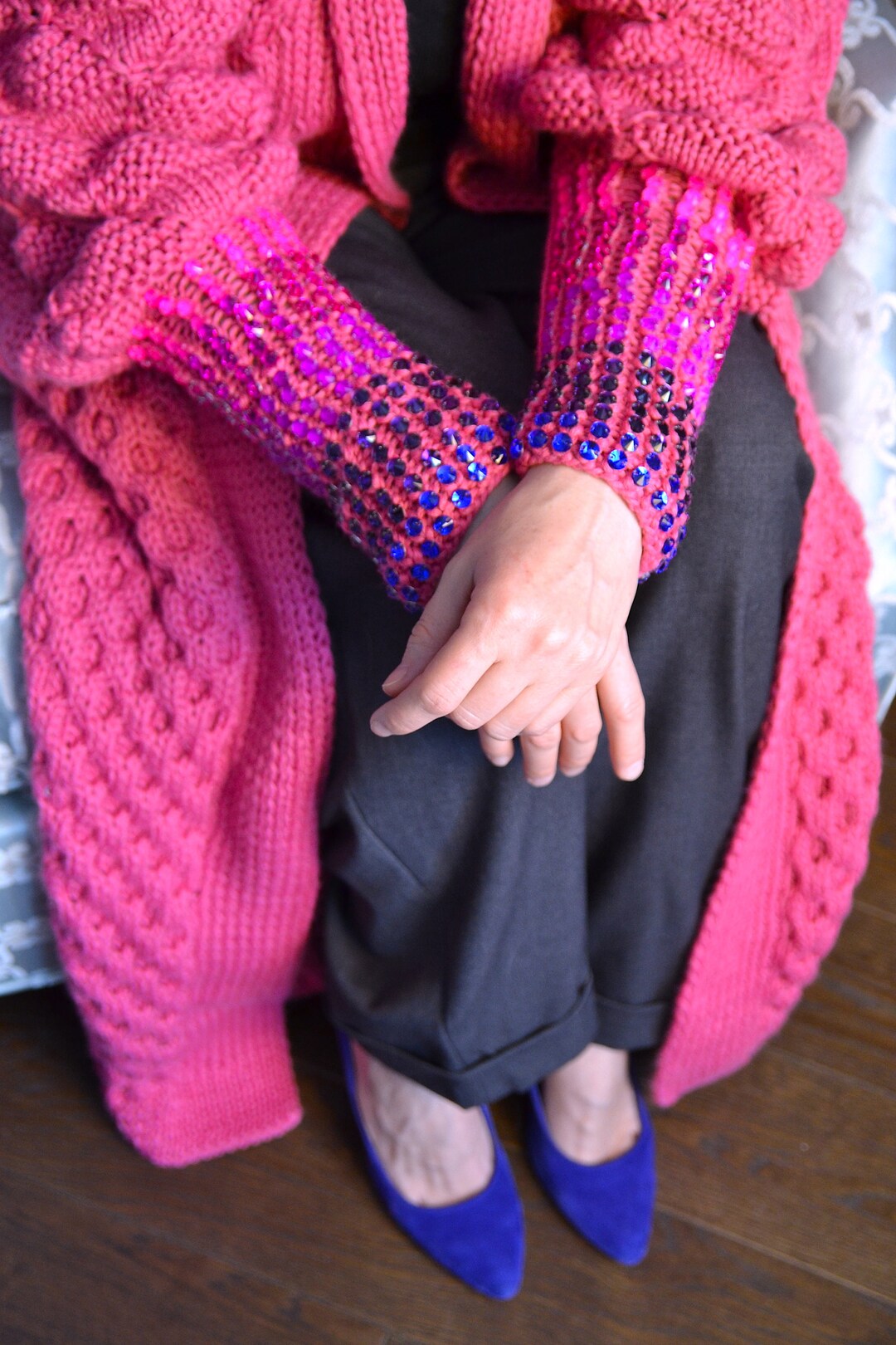 Raspberry Floor Lengths Sweater Cardigan.crystals on Sleeves.merinos ...