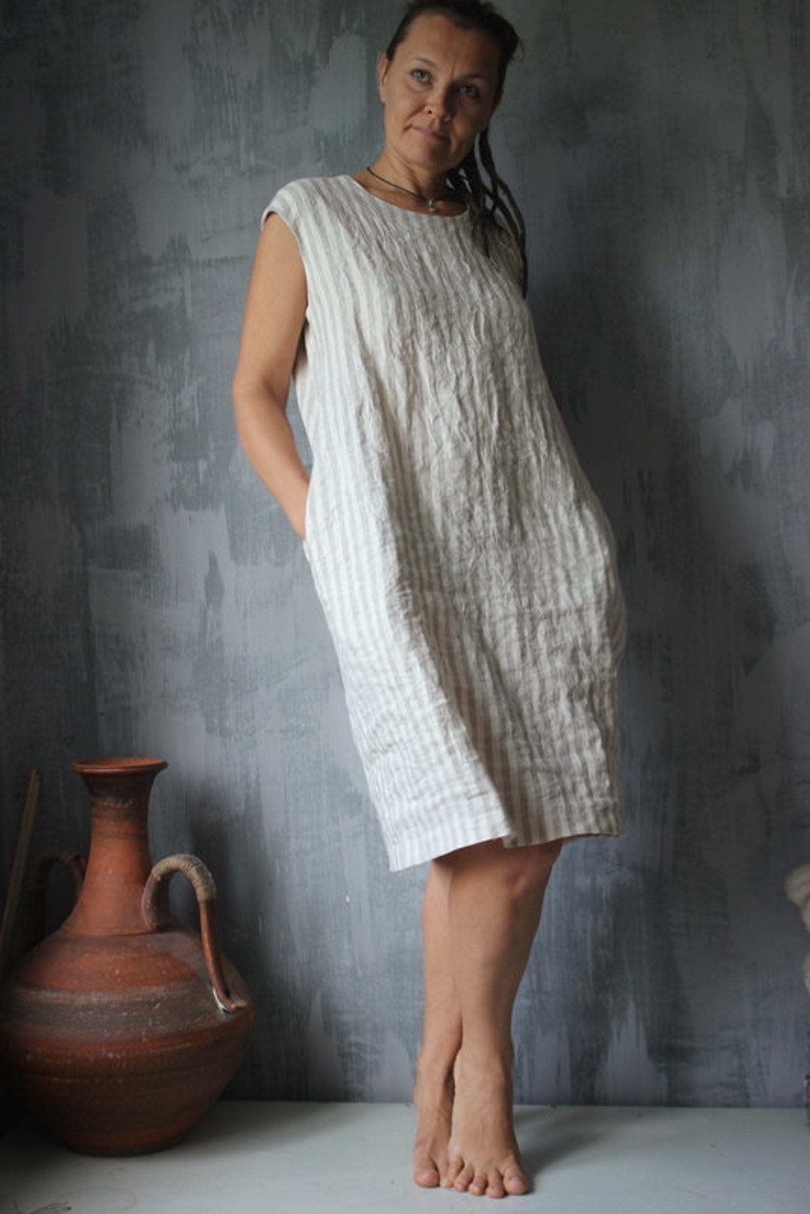 Italian Linen Dress.natural Stripes.boho Linen Dress.custom - Etsy