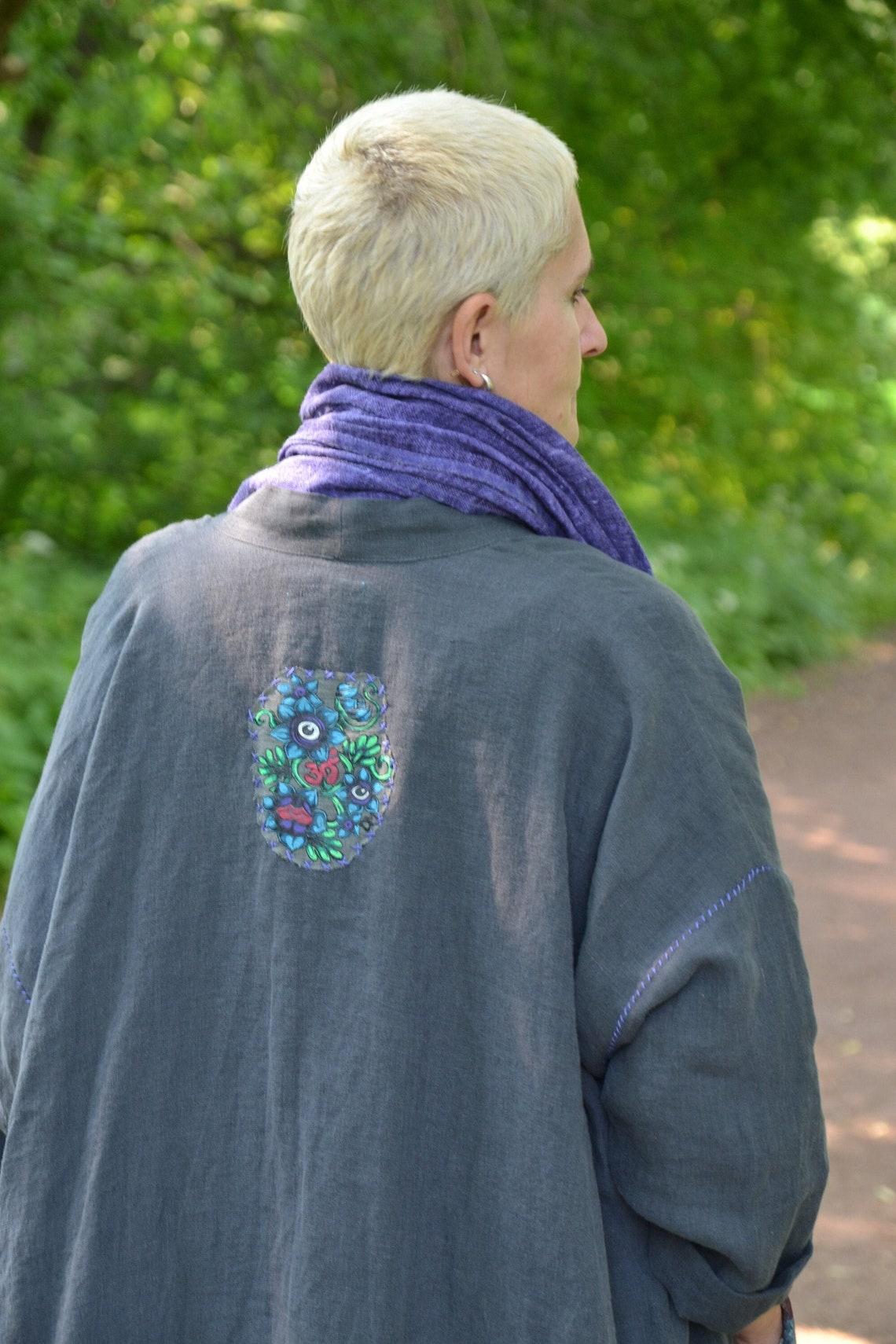 Linen Boho Coat. Dark Gray.oversize Coat With Decor - Etsy