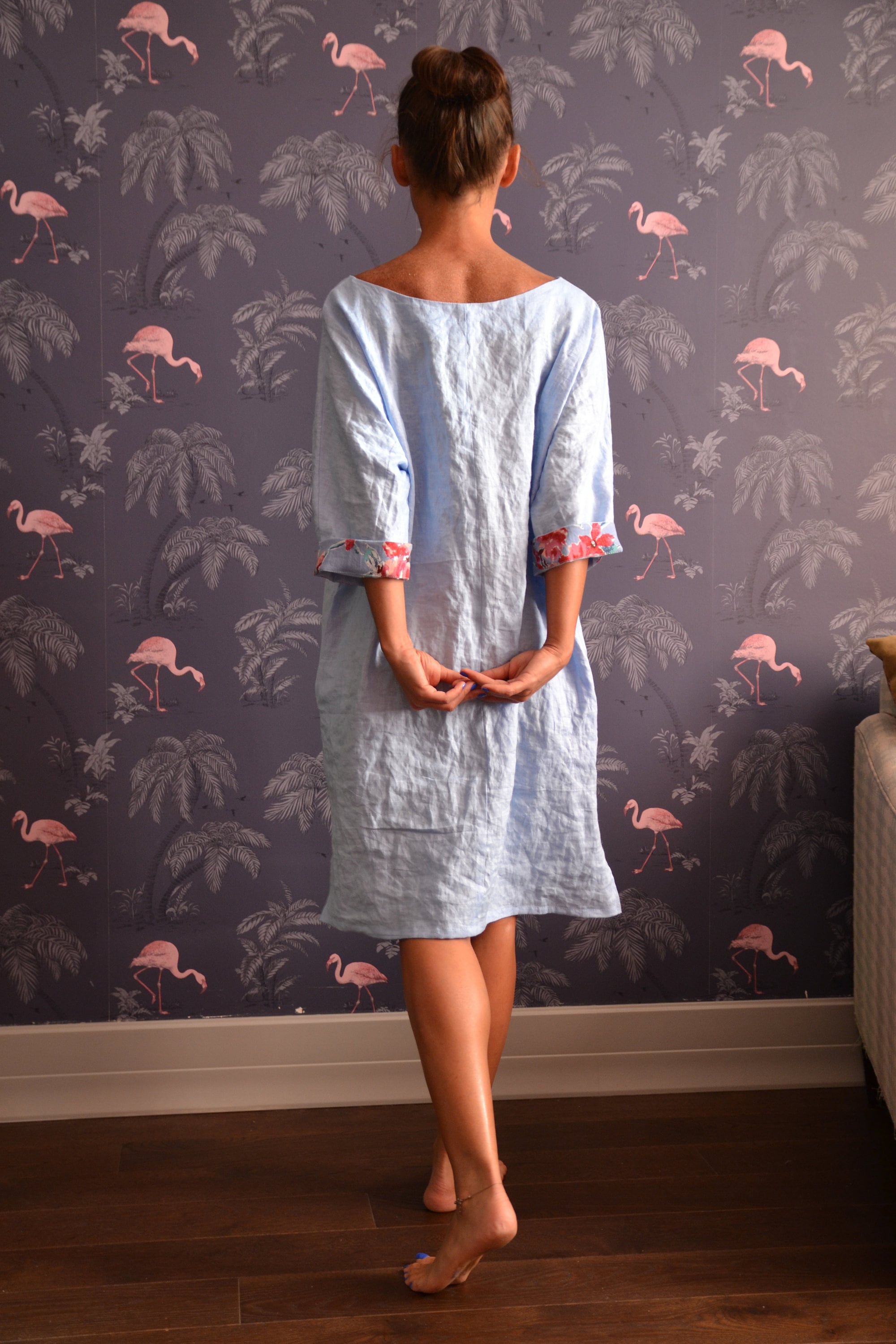 Linen Dress- Tunic With Flower Finish.custom Length. Blue Color - Etsy
