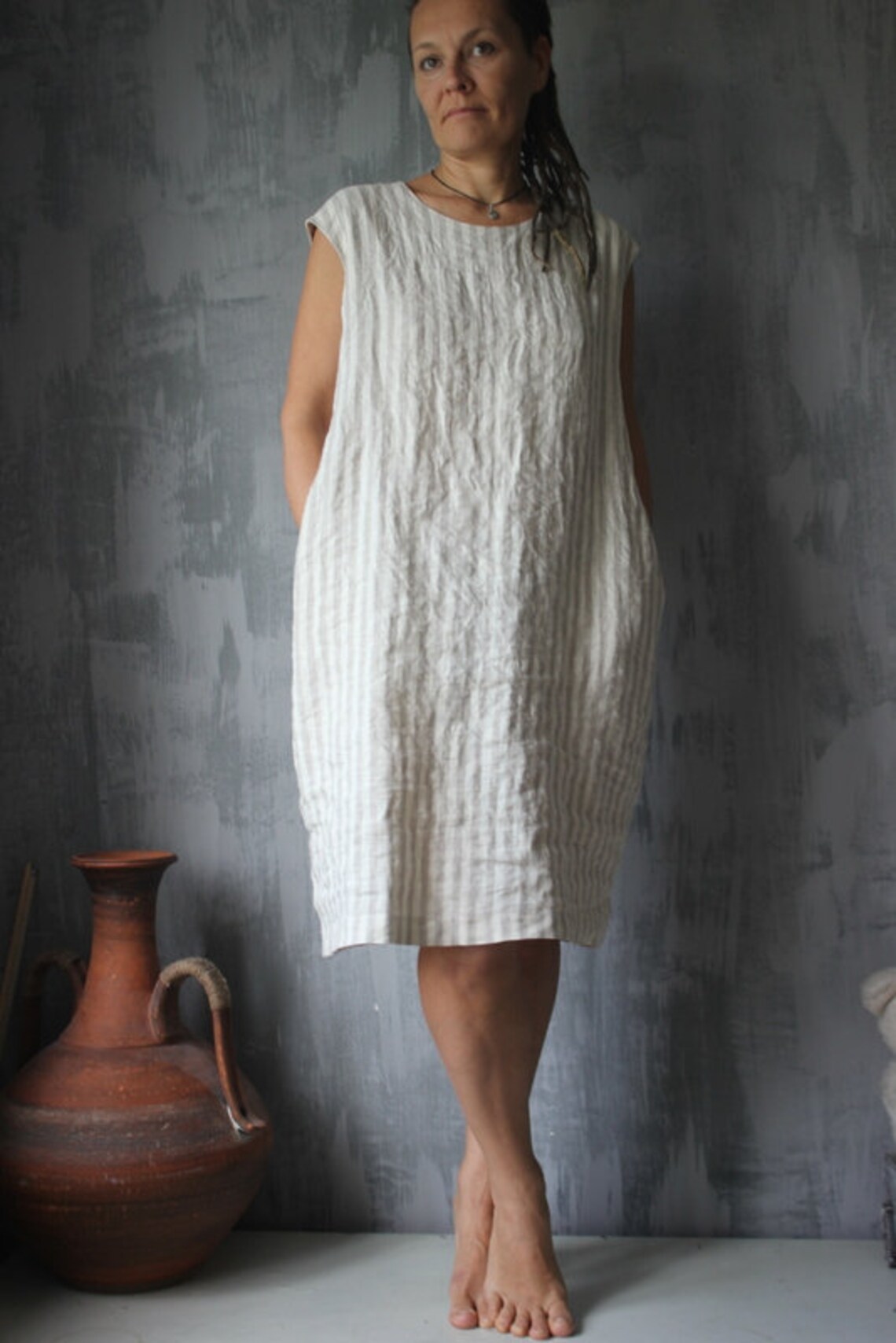 Italian Linen Dress.natural Stripes.boho Linen Dress.custom - Etsy
