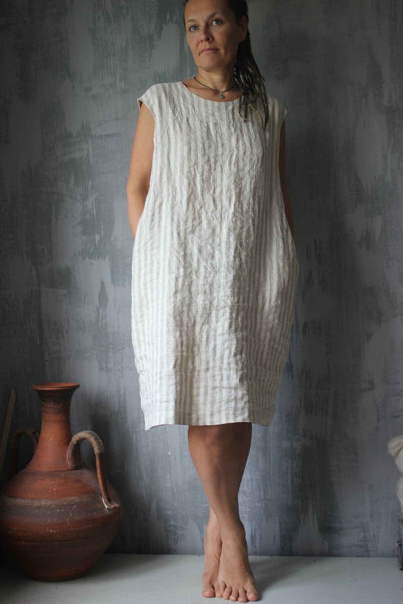 Italian Linen Dress.natural Stripes.boho Linen Dress.custom - Etsy