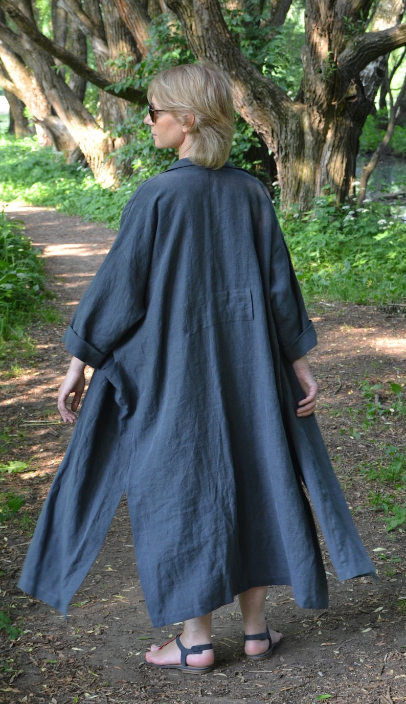 Linen Boho Coat. Dark Gray.oversize Coat With Decor - Etsy