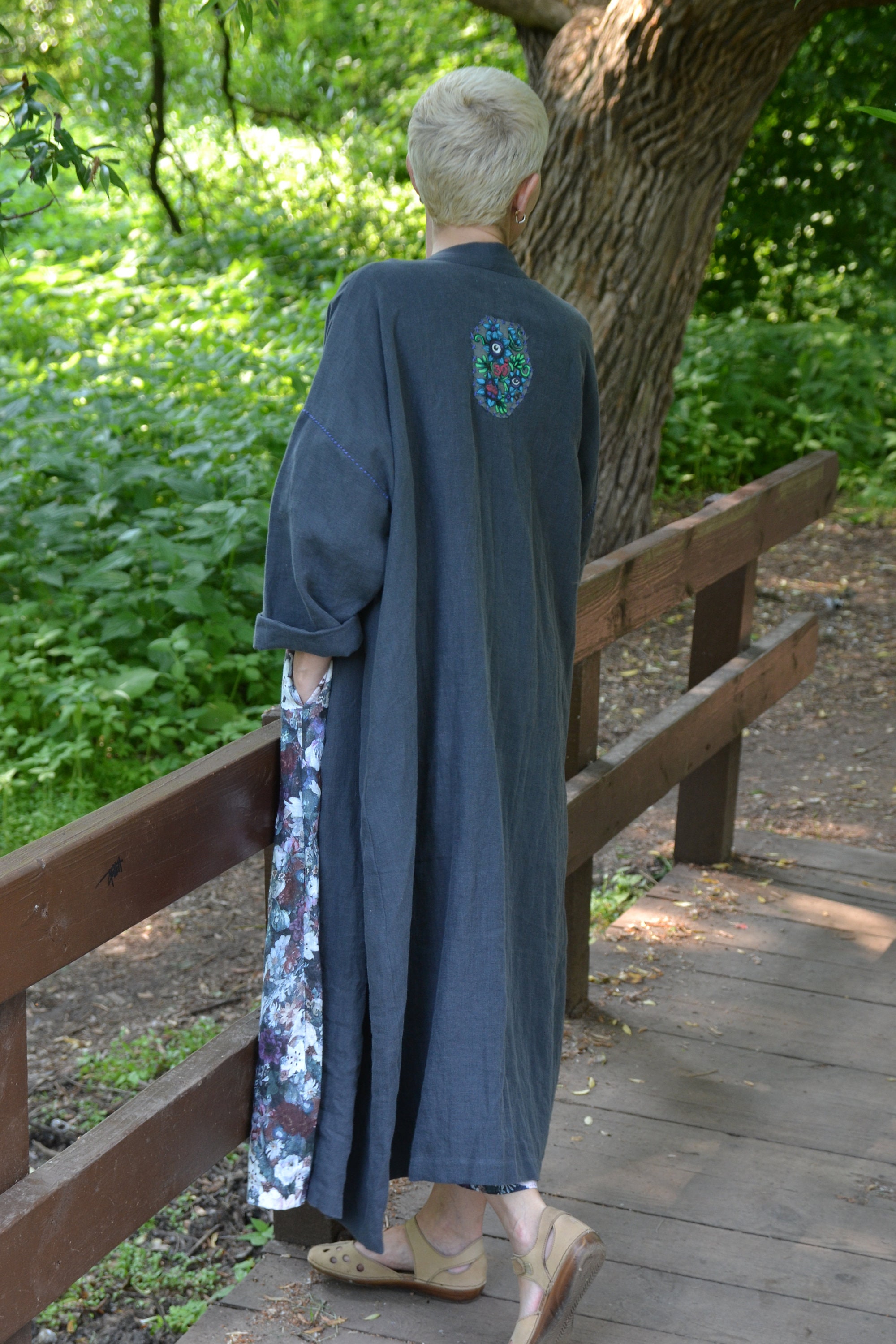 Linen boho coat. Dark gray.Oversize coat with decor | Etsy