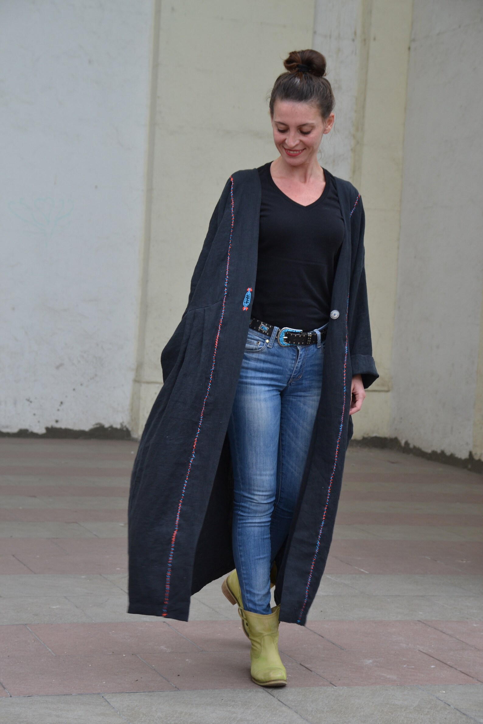 Linen Boho Coat.black With Embroidery.custom Size. - Etsy