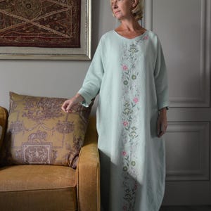 Linen Dress.hand Made Paint Flowers Linen Dress With Special Decor.mint ...