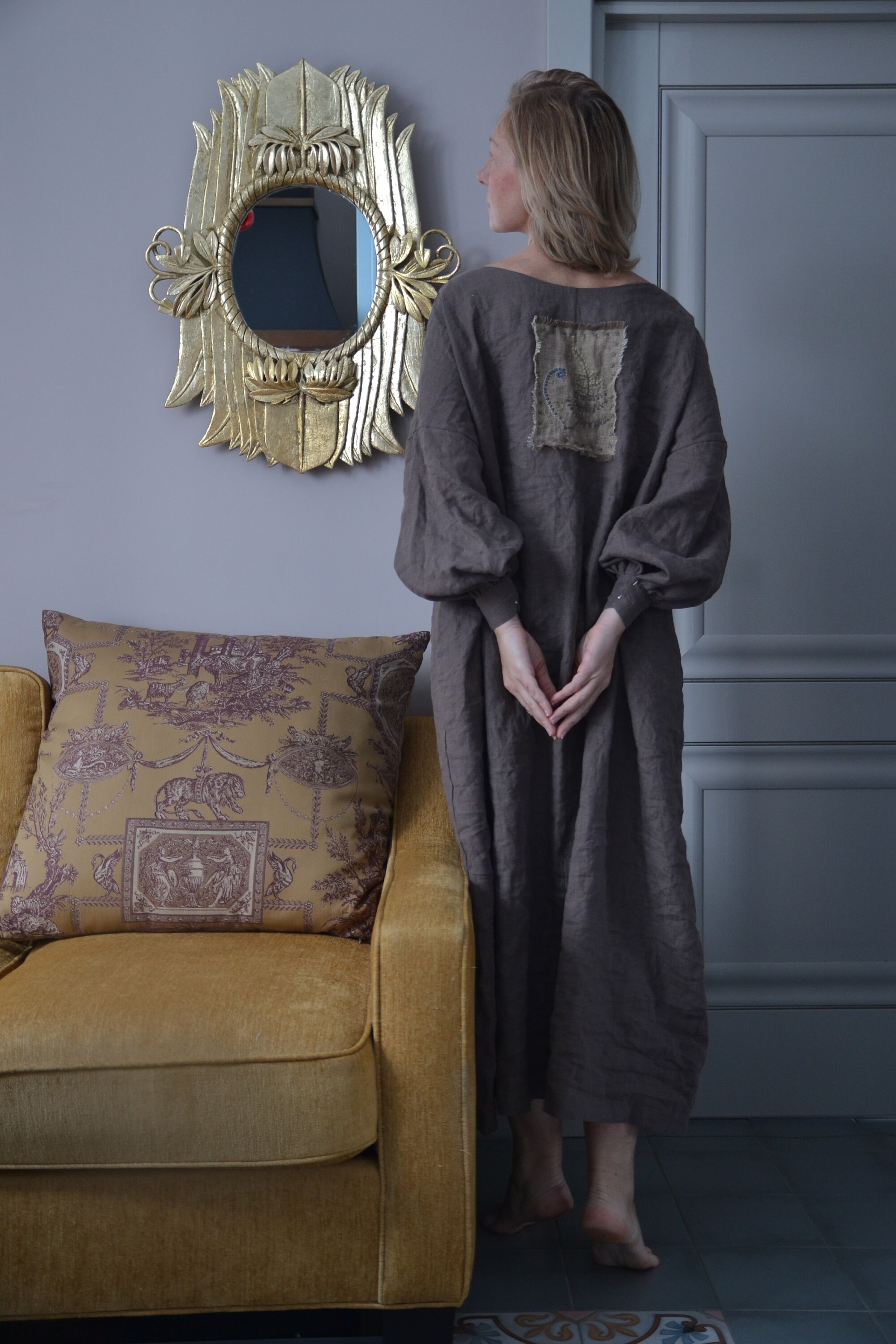 Maxi Linen Embroidered Dress.coffee Color With Sleeves.custom - Etsy