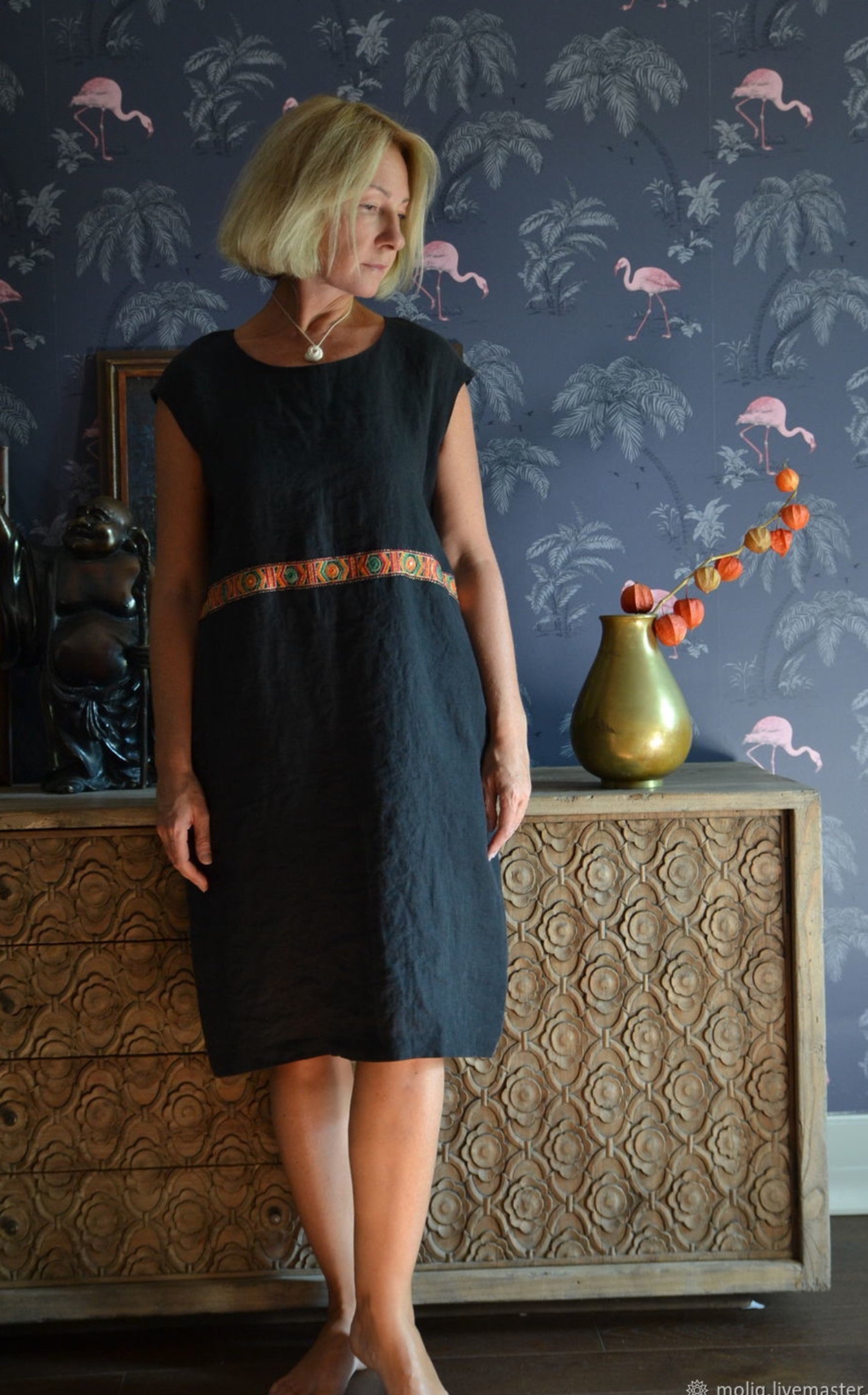 Italian Linen Dress.black With Decor.boho Linen Dress - Etsy