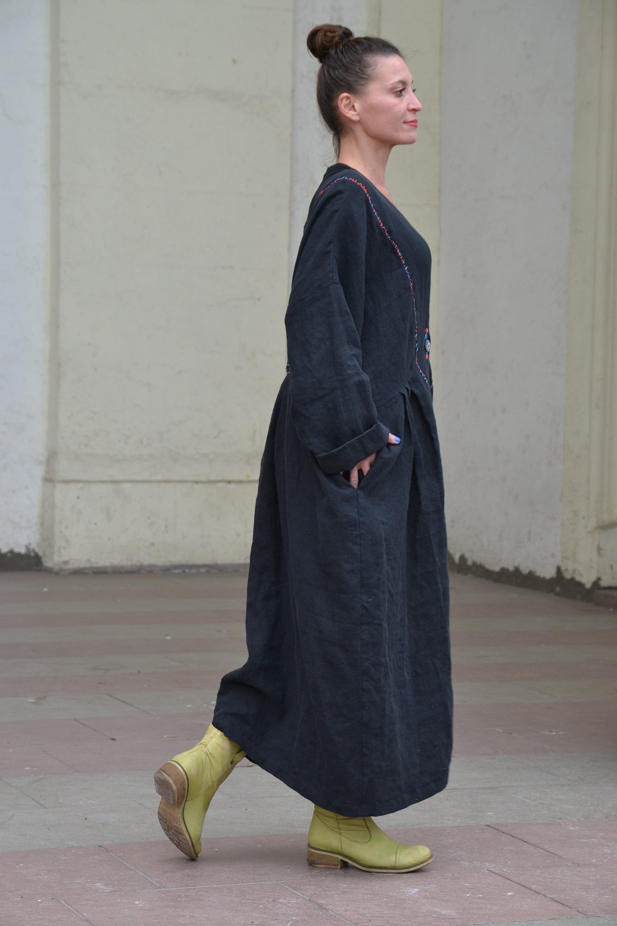 Linen Boho Coat.black With Embroidery.custom Size. - Etsy