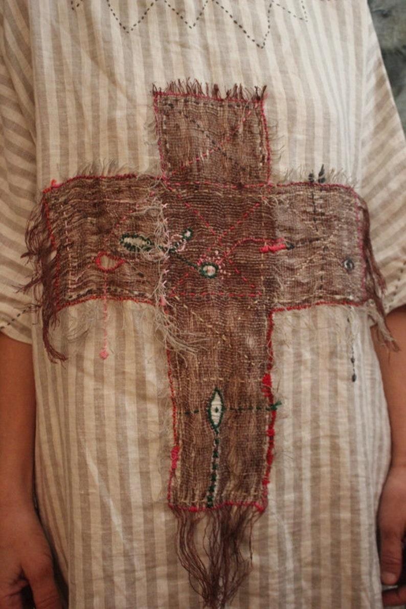 Embroidered linen dress.Beige stripes dress with decor.Linen | Etsy