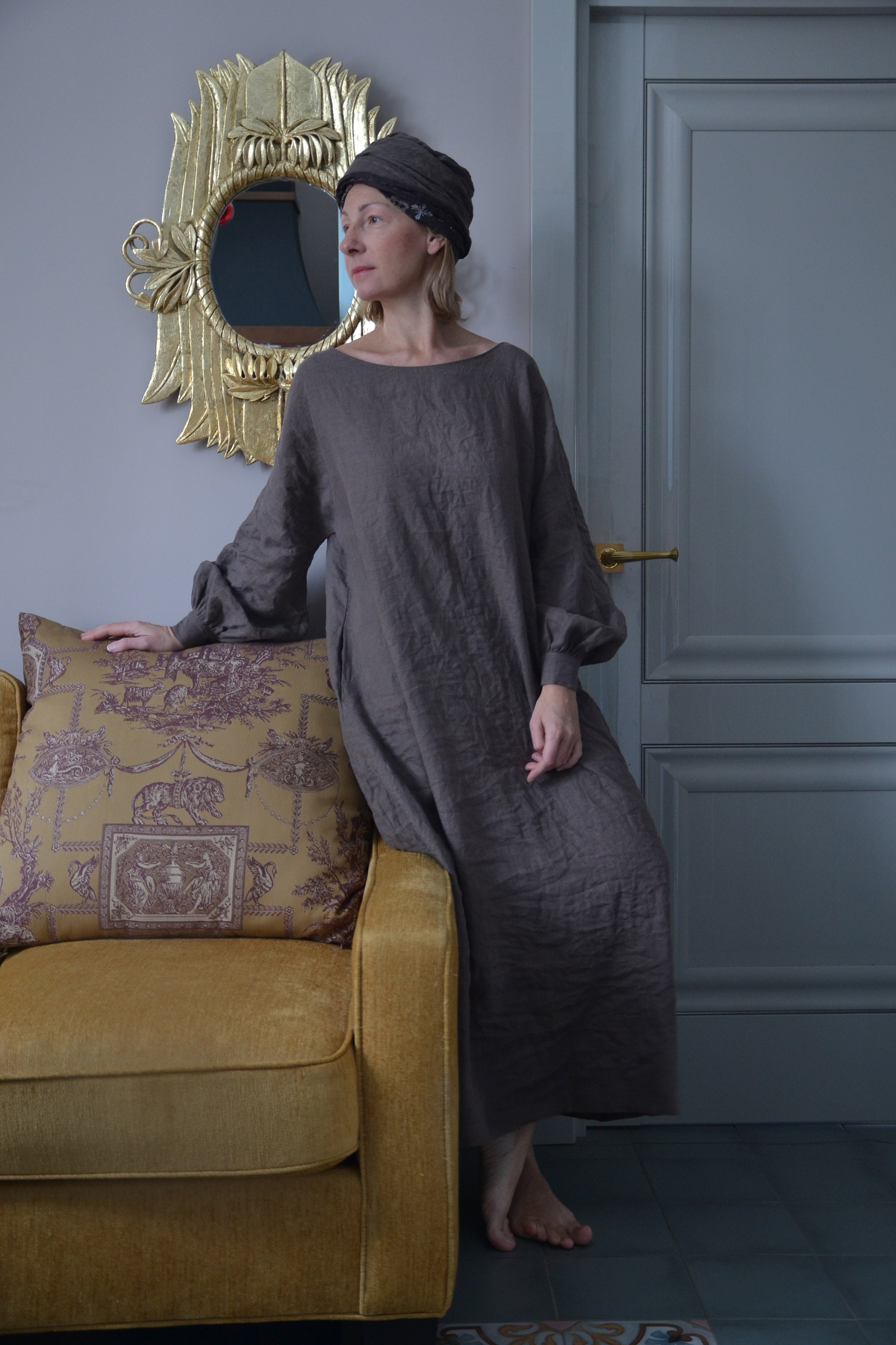 Maxi Linen Embroidered Dress.coffee Color With Sleeves.custom - Etsy