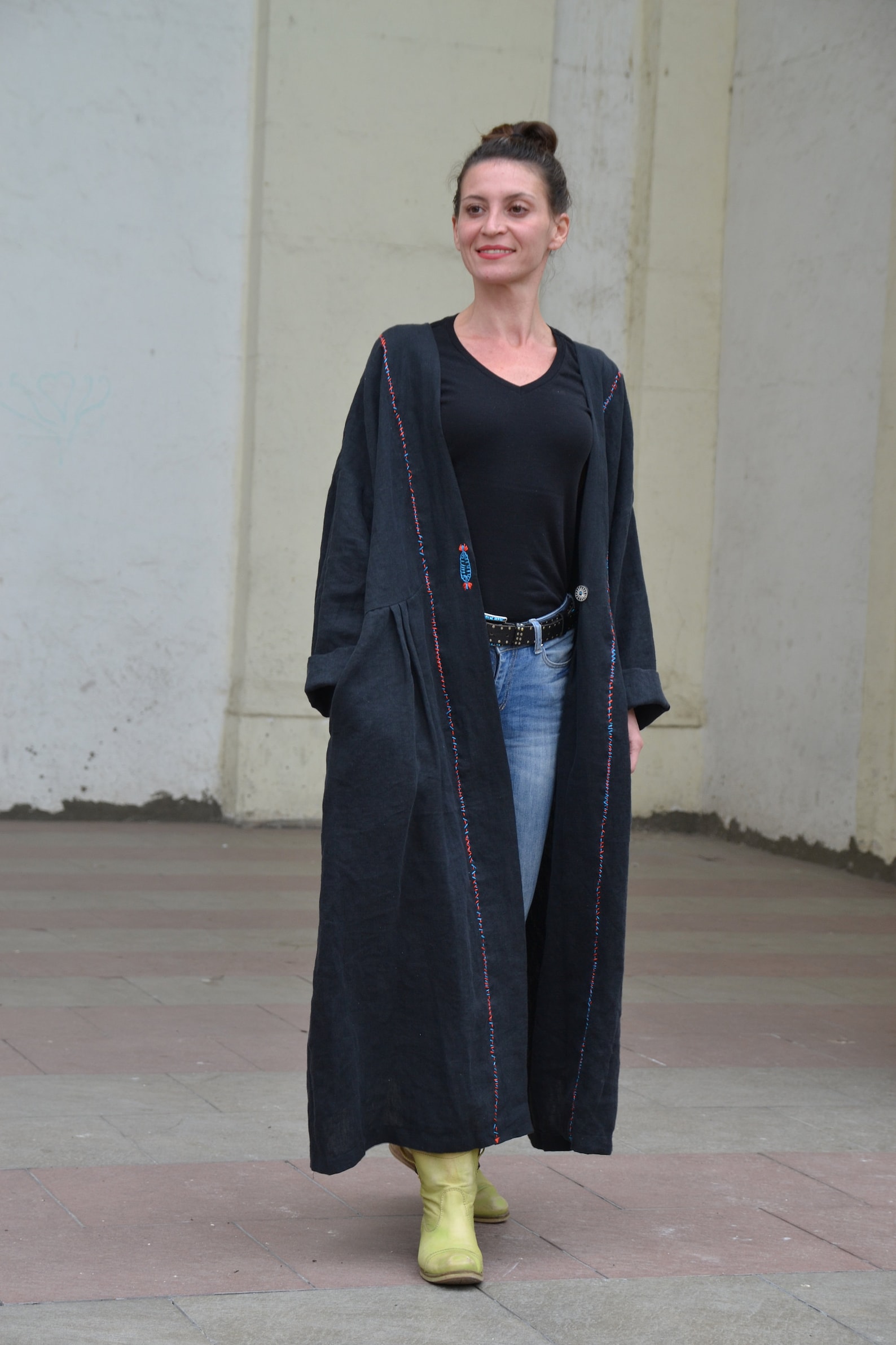 Linen Boho Coat.black With Embroidery.custom Size. - Etsy