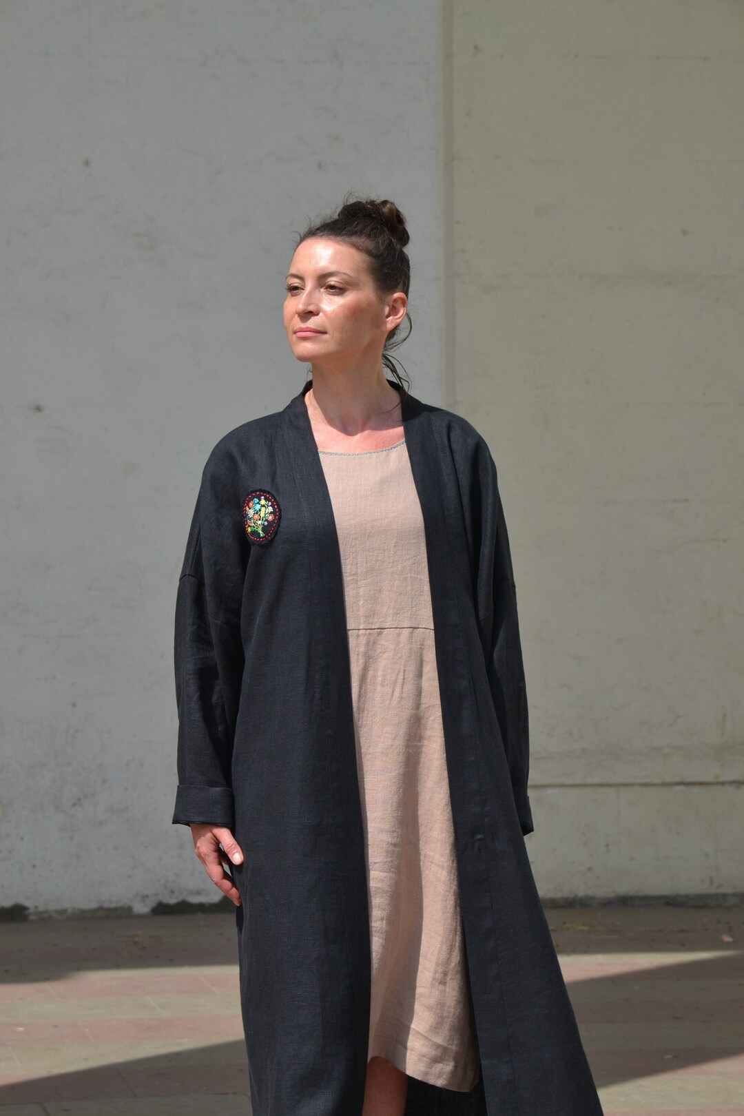 Linen Boho Coat.black.oversize Dustcoat With Decor - Etsy