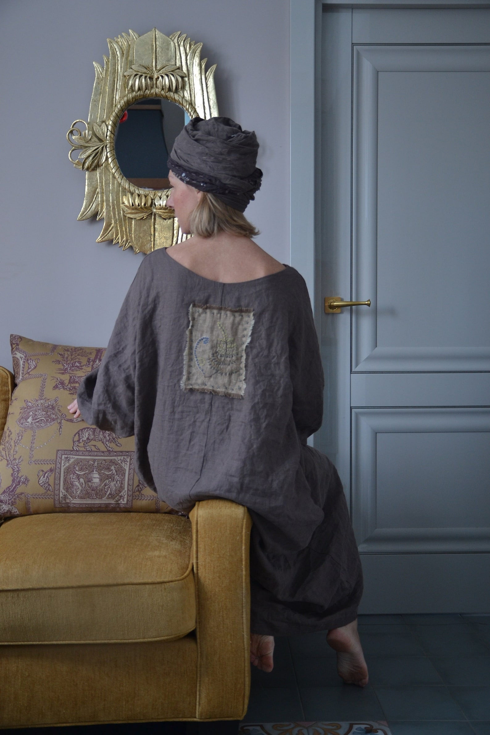 Maxi Linen Embroidered Dress.coffee Color With Sleeves.custom - Etsy