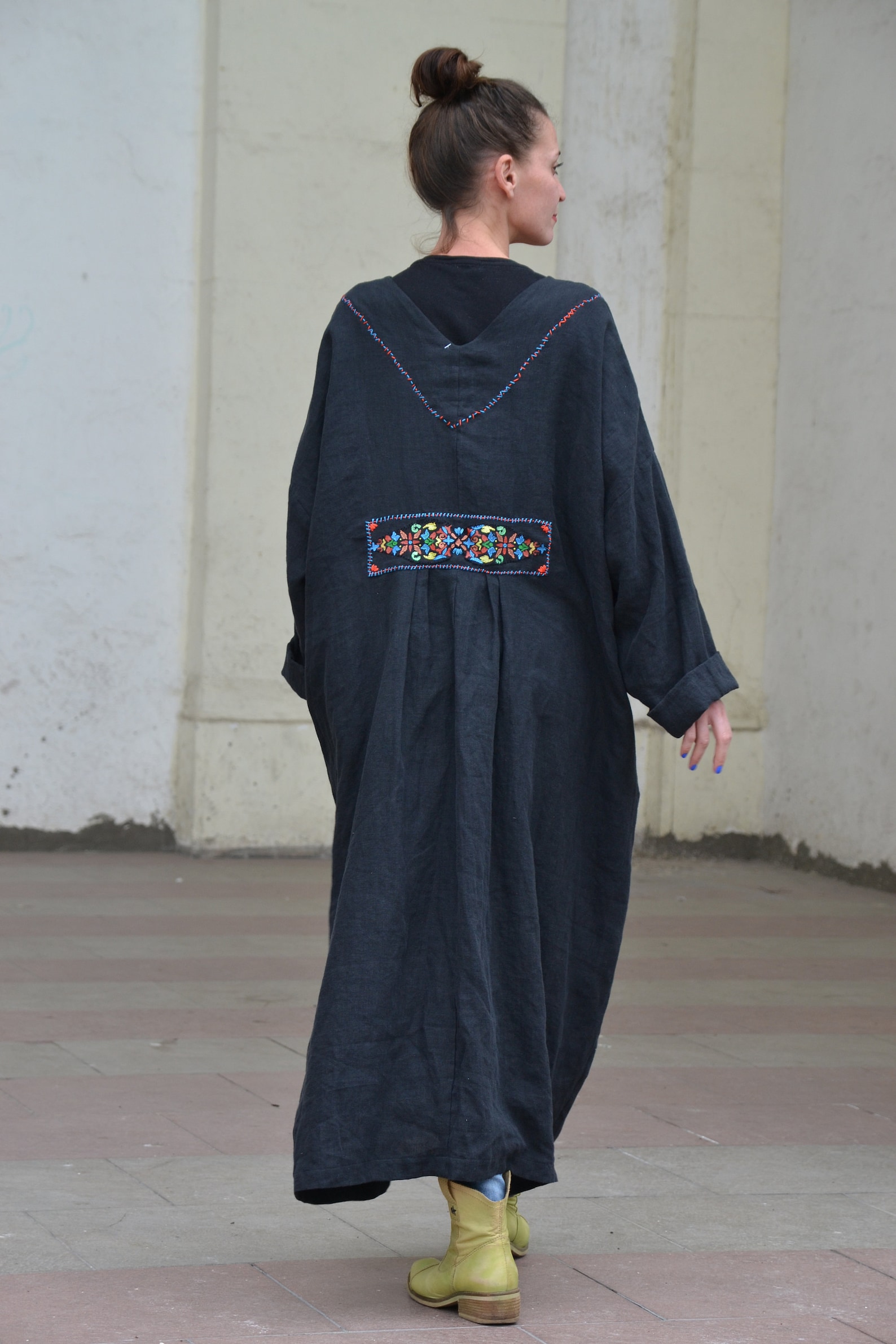 Linen Boho Coat.black With Embroidery.custom Size. - Etsy