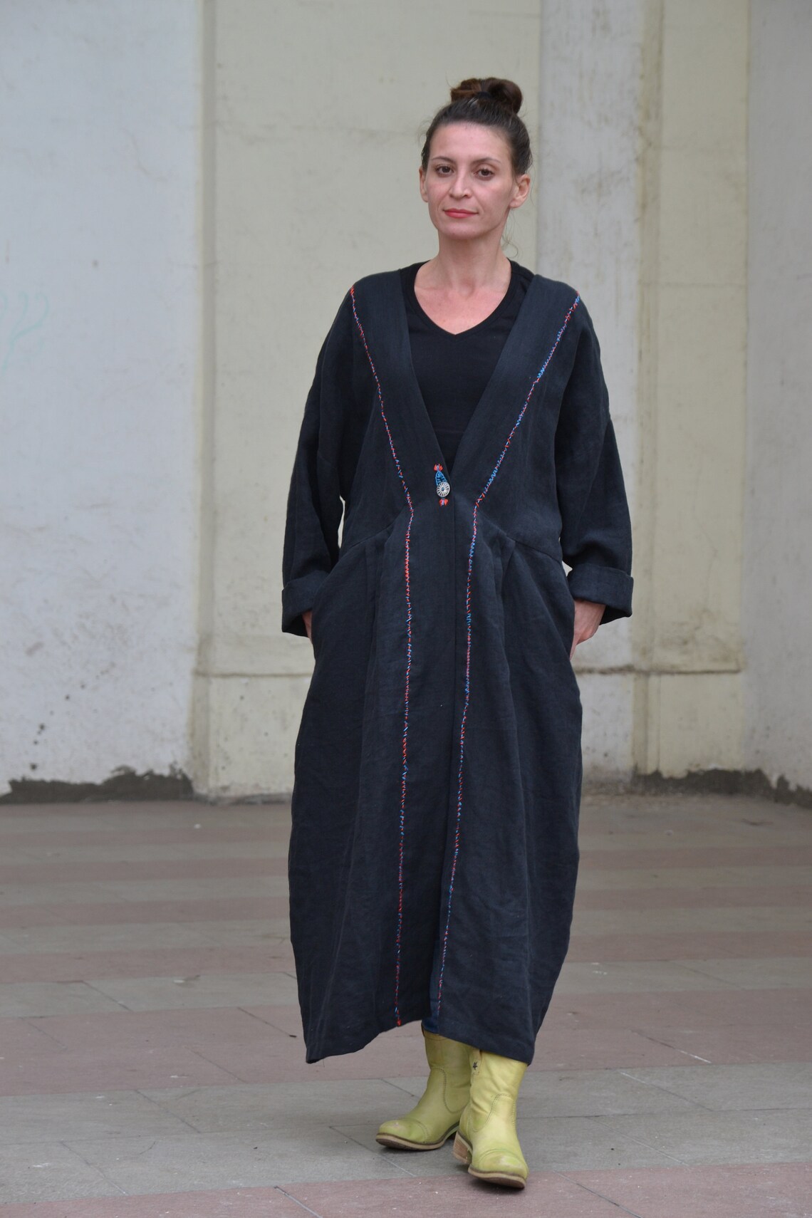 Linen Boho Coat.black With Embroidery.custom Size. - Etsy