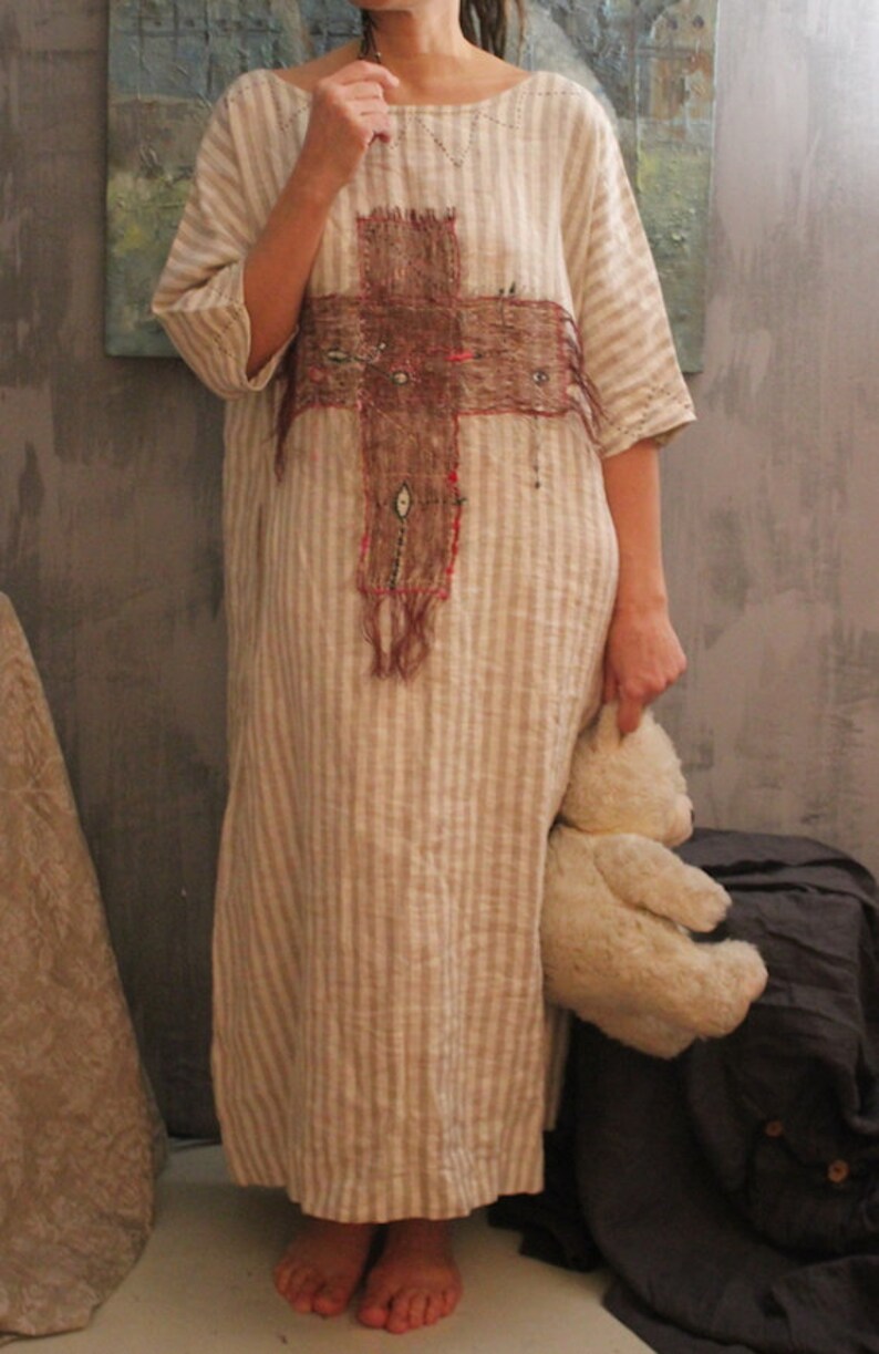 Embroidered linen dress.Beige stripes dress with decor.Linen | Etsy