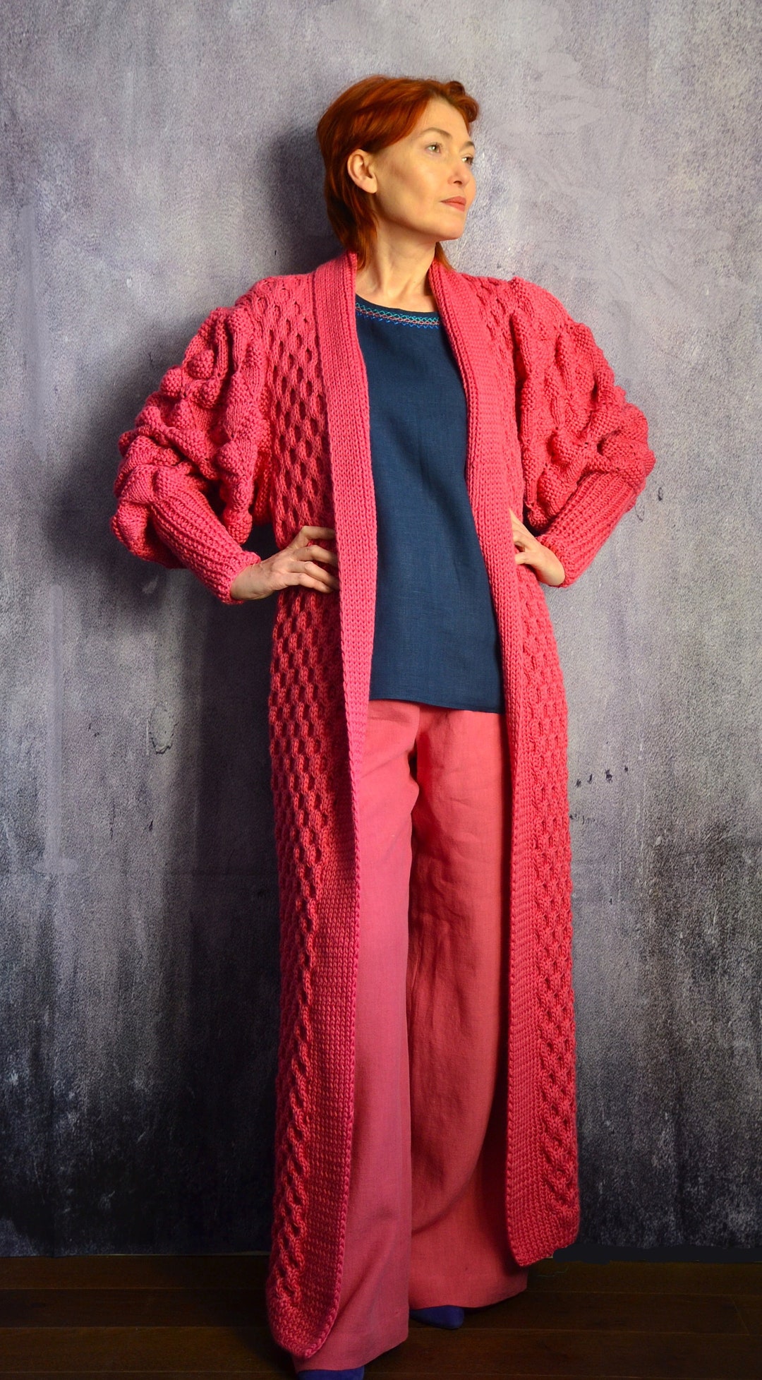 Raspberry Floor Lengths Sweater Cardigan.crystals on Sleeves.merinos ...