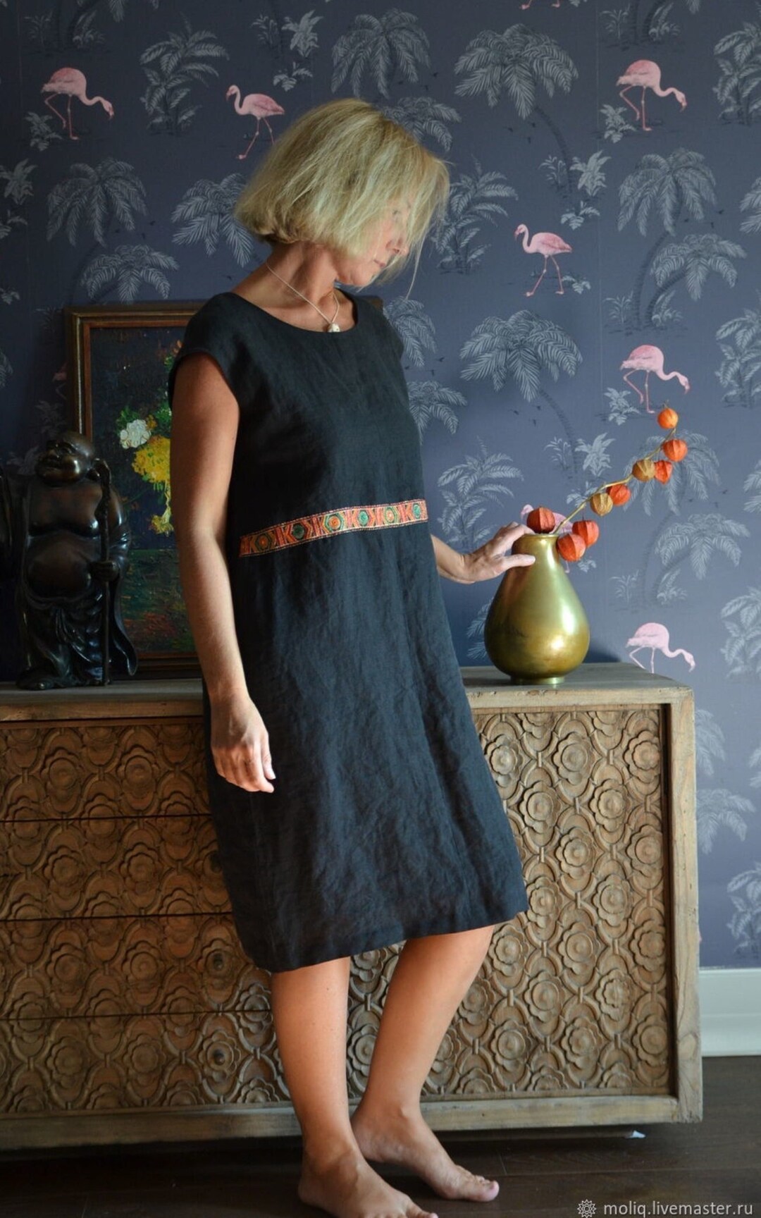 Italian Linen Dress.black With Decor.boho Linen Dress - Etsy