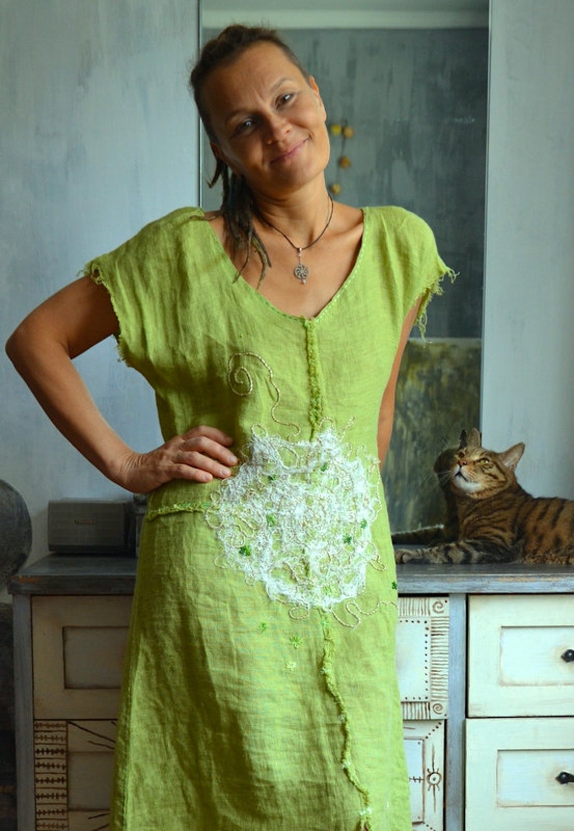 Embroidered Linen Dress.summer.linen Boho Designer Dress.custom Length ...