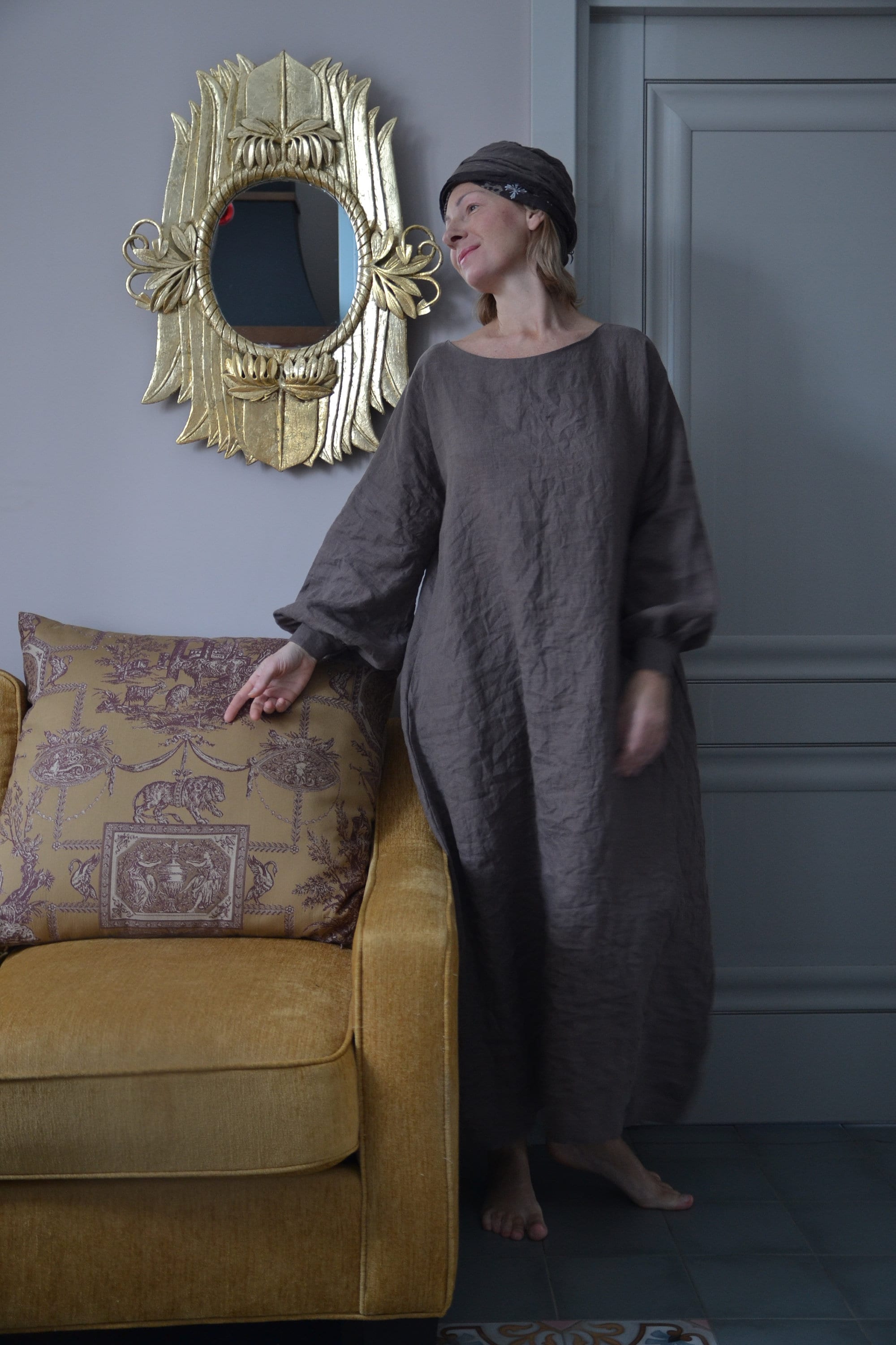 Maxi Linen Embroidered Dress.coffee Color With Sleeves.custom - Etsy