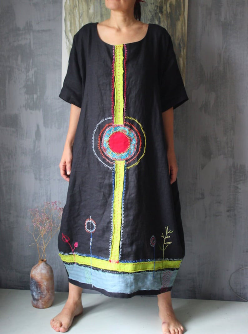 Embroidered Linen Dress.contrast. Linen Boho Designer Dress. - Etsy