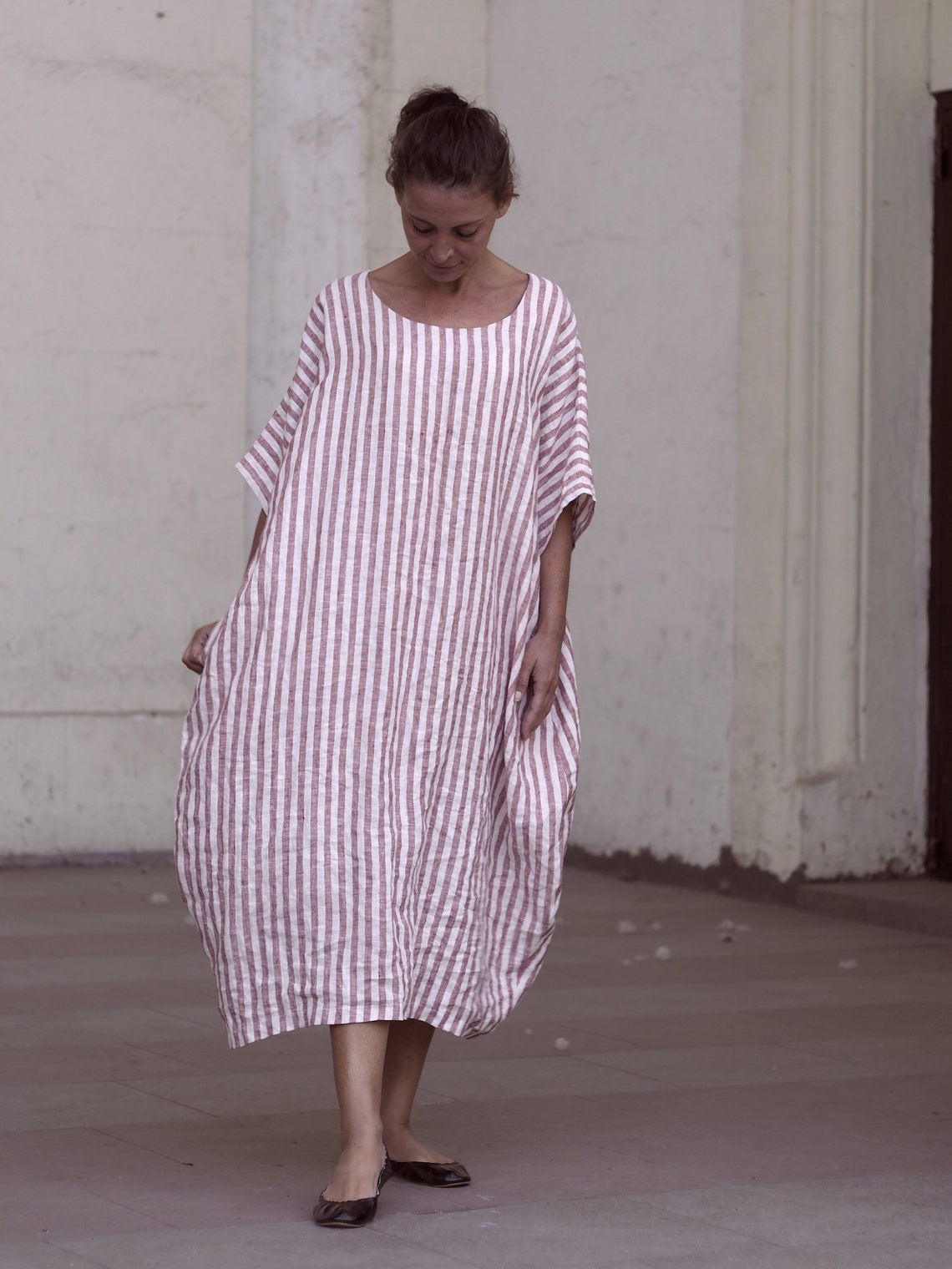 Loose Boho Linen Dress.red Stripes Dress.natural Stripes - Etsy
