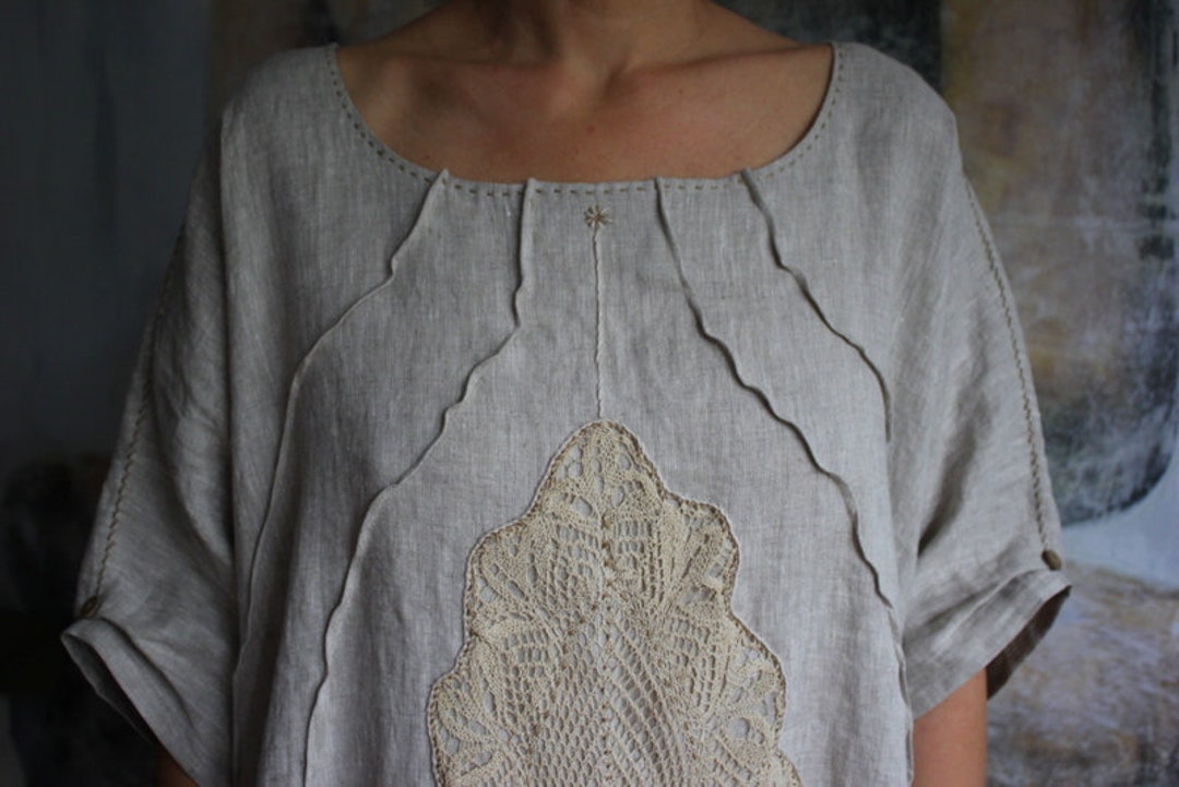 Boho Linen Dress.natural Linen Color With Related Element.embroidered ...