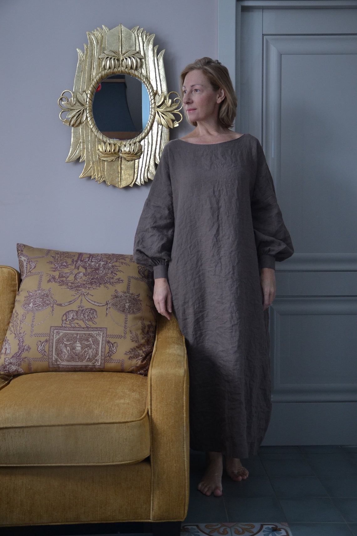 Maxi Linen Embroidered Dress.coffee Color With Sleeves.custom - Etsy