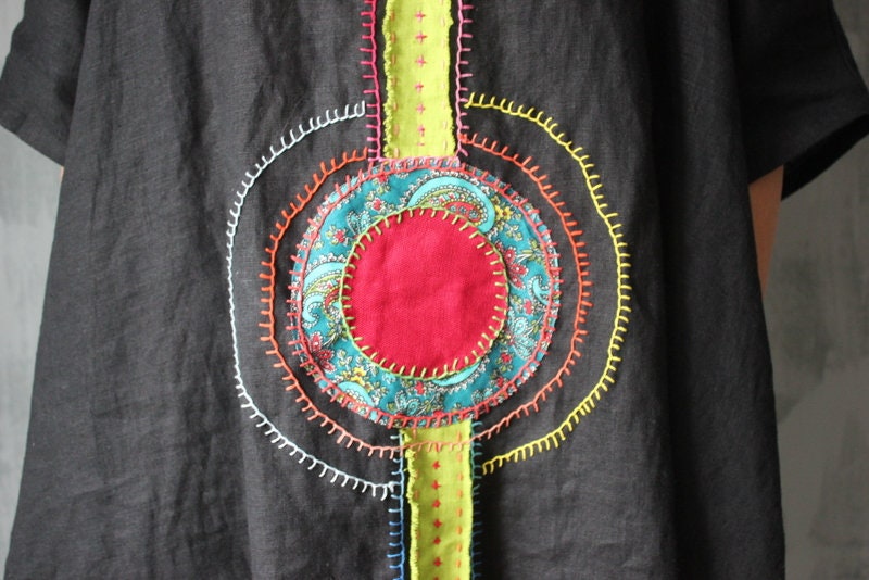 Embroidered linen dress.Contrast. linen boho designer dress. | Etsy