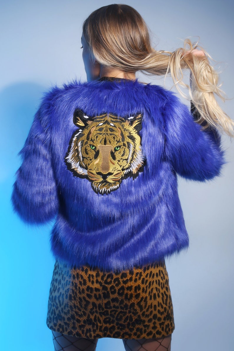 Embroidered Electric Blue Faux Fur Tiger Head Jacket Party - Etsy