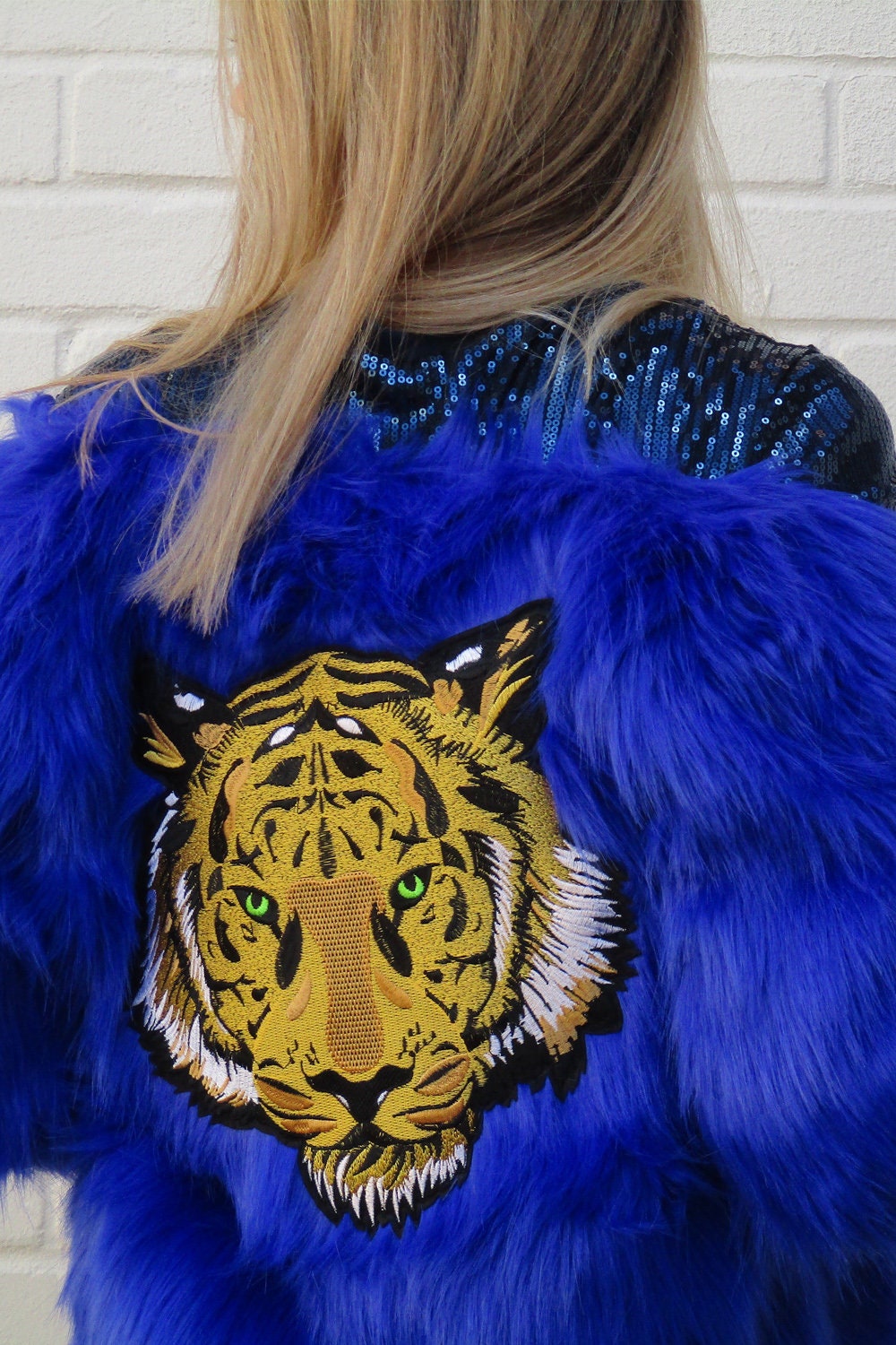 Embroidered Electric Blue Faux Fur Tiger Head Jacket Party - Etsy