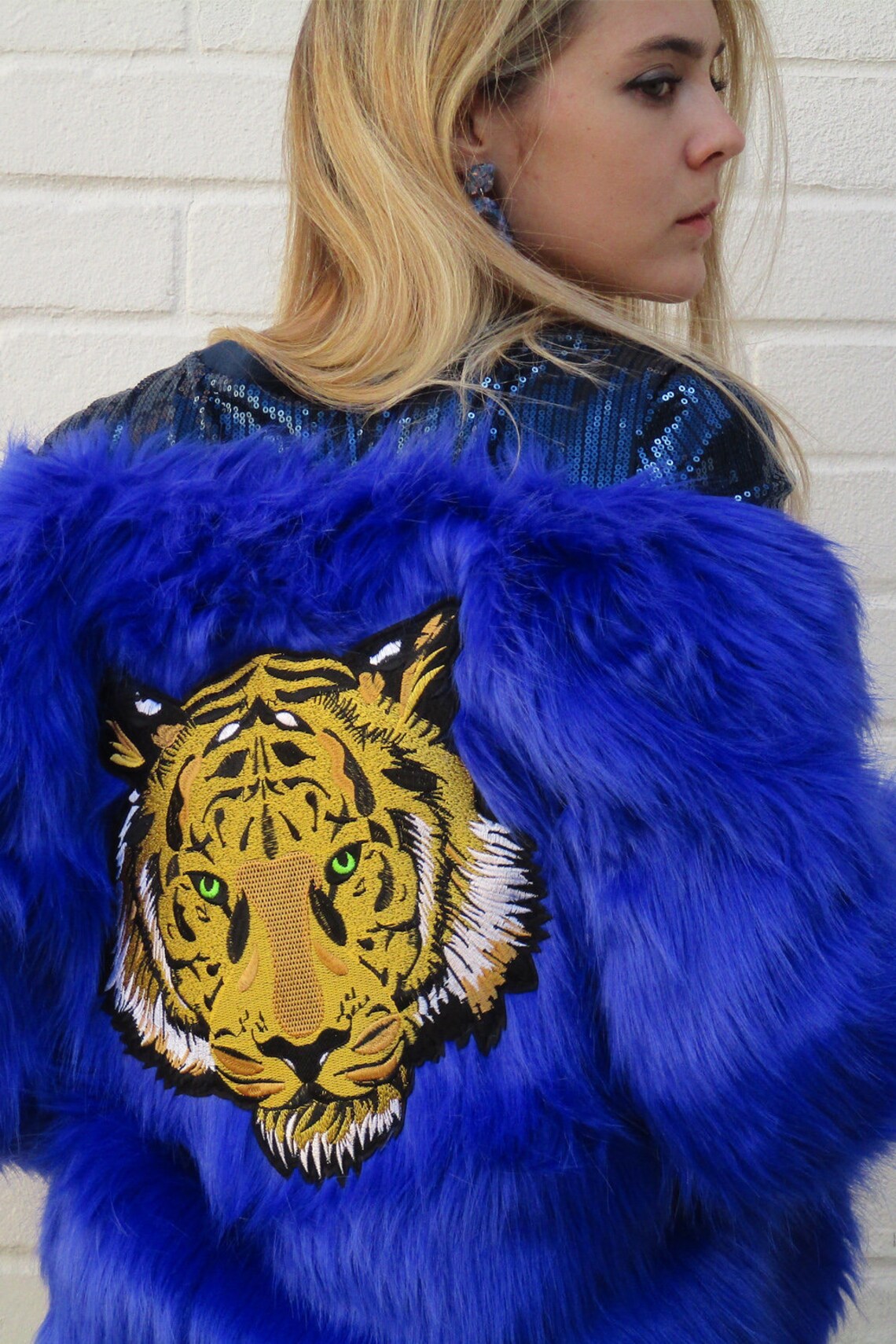 Embroidered Electric Blue Faux Fur TIGER Jacket | Party Festival - Etsy