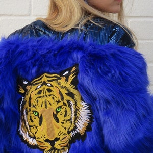 Embroidered Electric Blue Faux Fur TIGER Jacket | Party Festival - Etsy