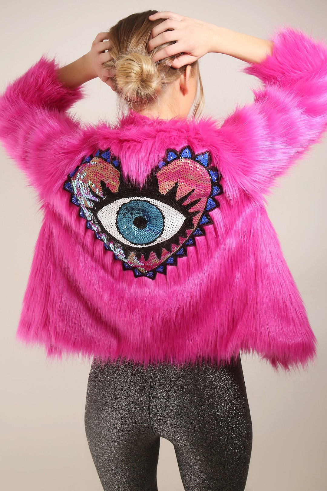 Embellished Fuchsia Pink Faux Fur EVIL EYE Jacket | Handmade | Party ...