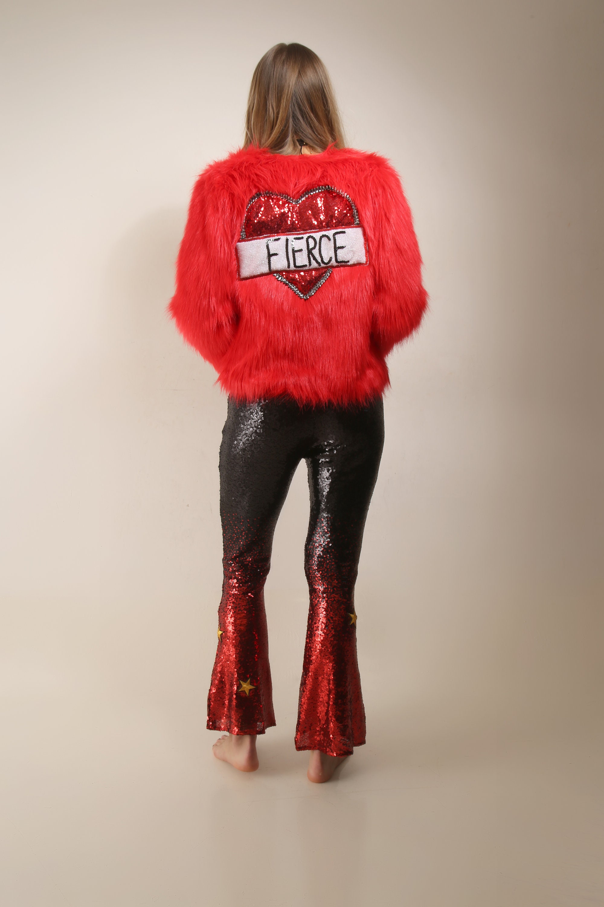 Red Faux Fur Sequin Heart Fierce Jacket Festival Handmade | Etsy