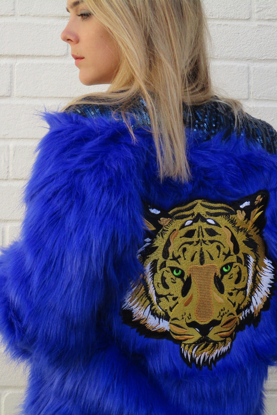 Embroidered Electric Blue Faux Fur Tiger Head Jacket Party - Etsy