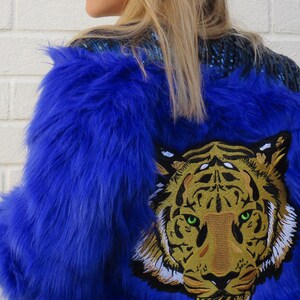 Embroidered Electric Blue Faux Fur TIGER Jacket | Party Festival - Etsy