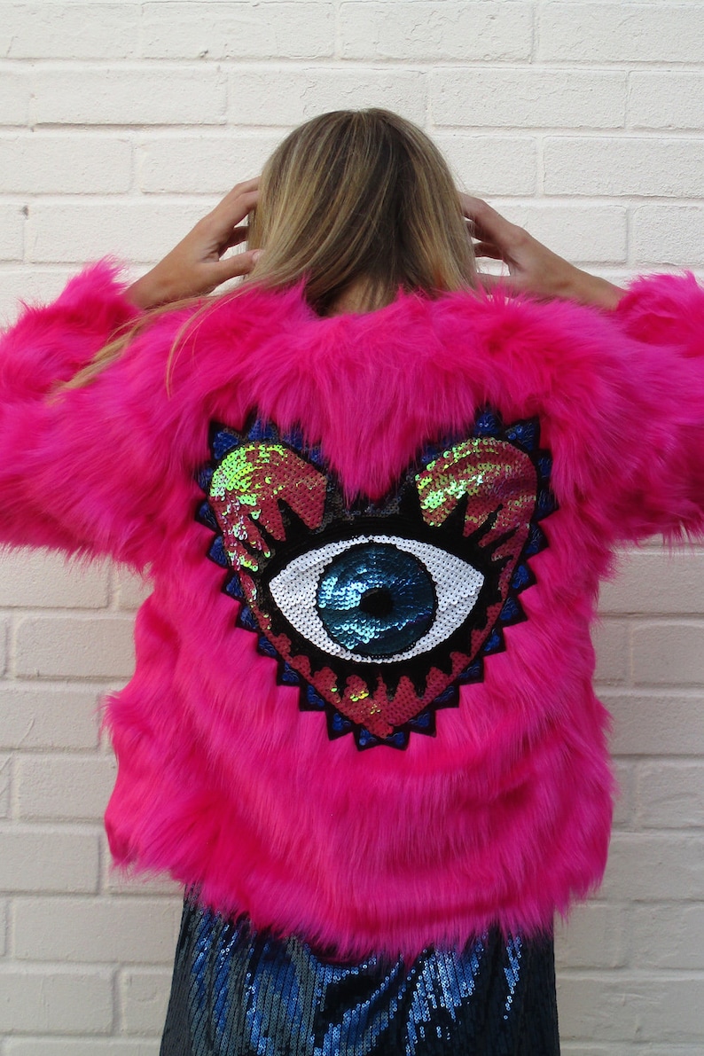 Embellished Fuchsia Pink Faux Fur Evil Eye Jacket Festival - Etsy
