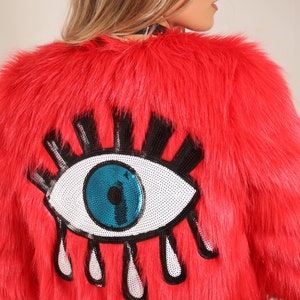 Embellished Red Faux Fur Illuminati Eye Jacket | Party Festival - Etsy