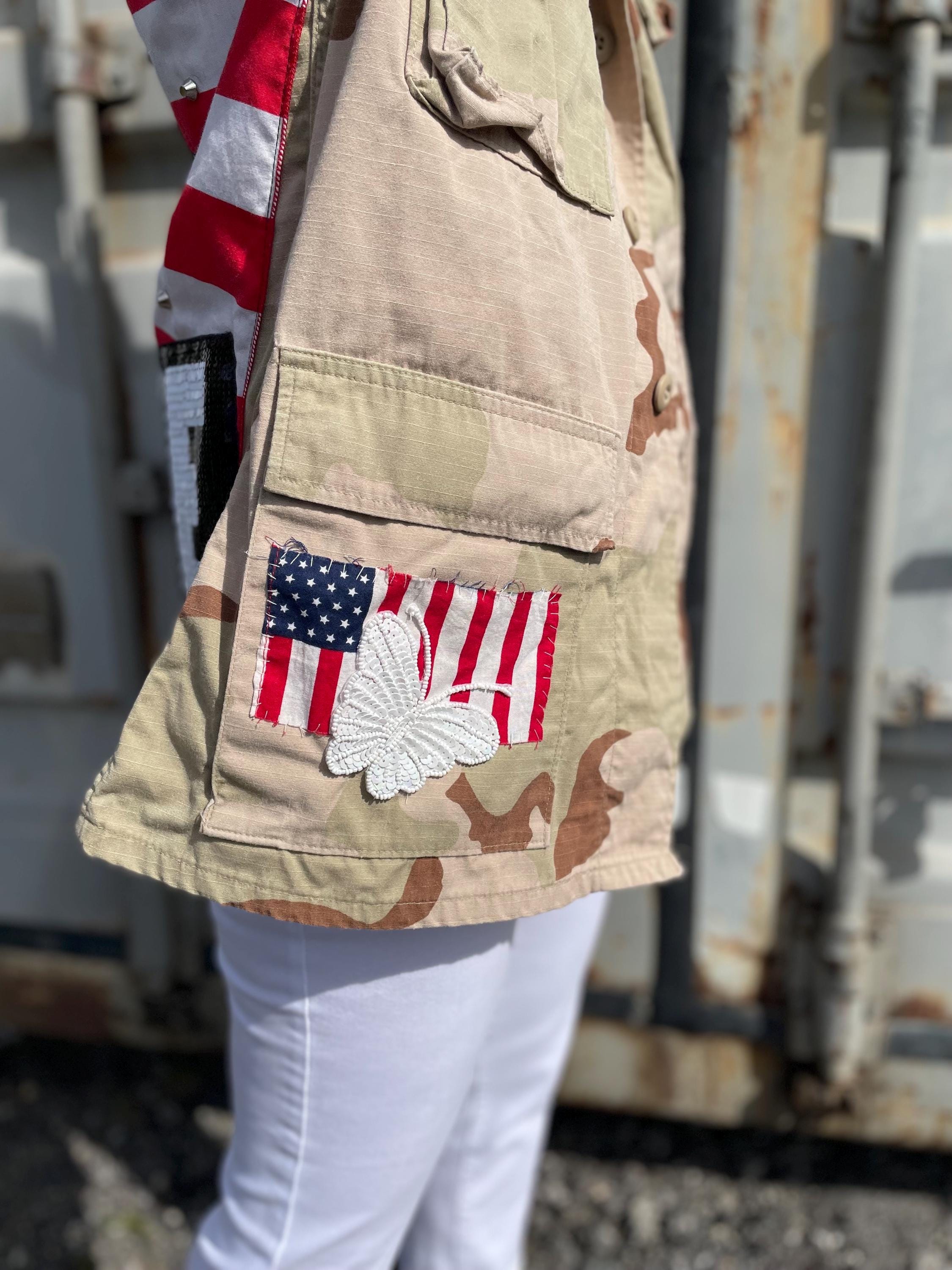 Reworked USA Flag Army Jacket: Studded Rhinestone Skull Stars Stripes ...