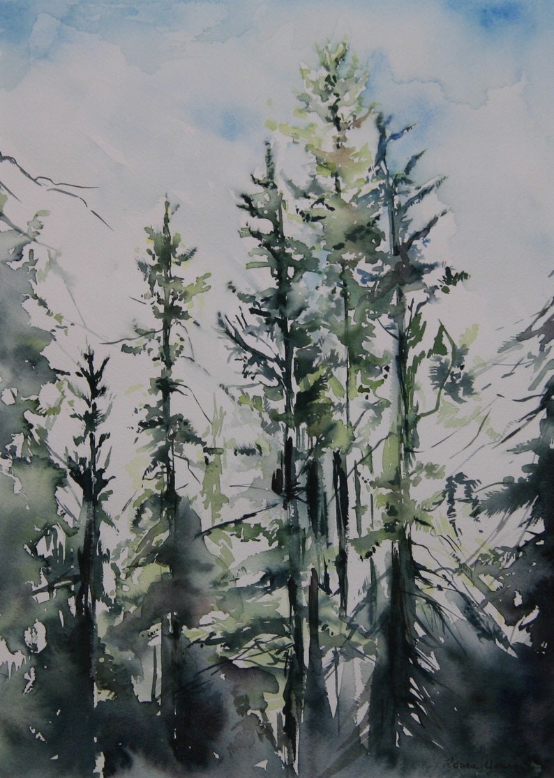 Original Watercolor Pines Mountain Forest Fine Art Contemporary ...