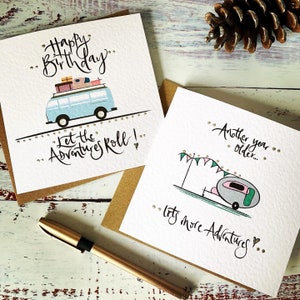 ADVENTURE AWAITS Camping Themed Birthday Cards for Campervan and ...