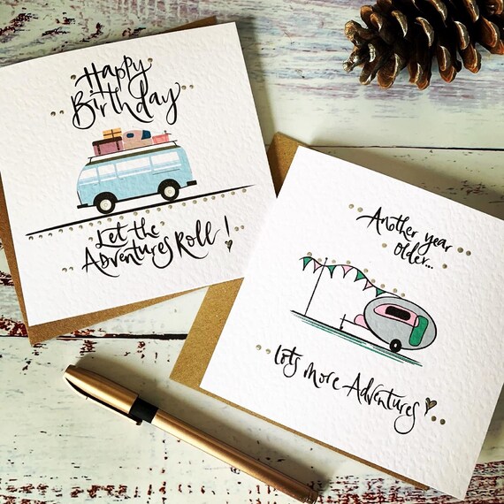 ADVENTURE AWAITS Camping Themed Birthday Cards for Campervan - Etsy UK