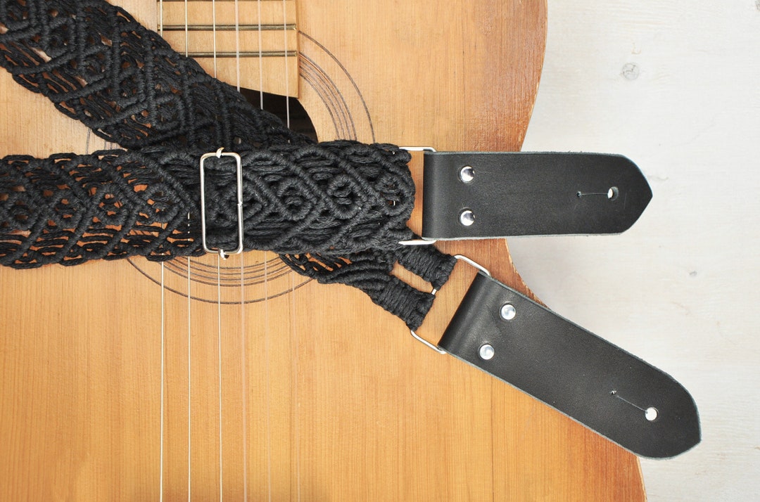 Guitar Strap Macrame Black Cotton Strap for Acoustic Guitar - Etsy