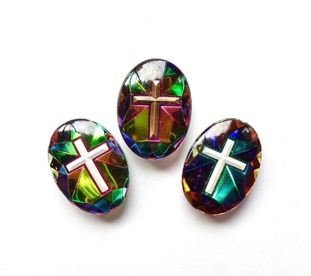 2 Cross Gemstones Handmade Glass Stones Oval 25x18mm Colorful Gold ...