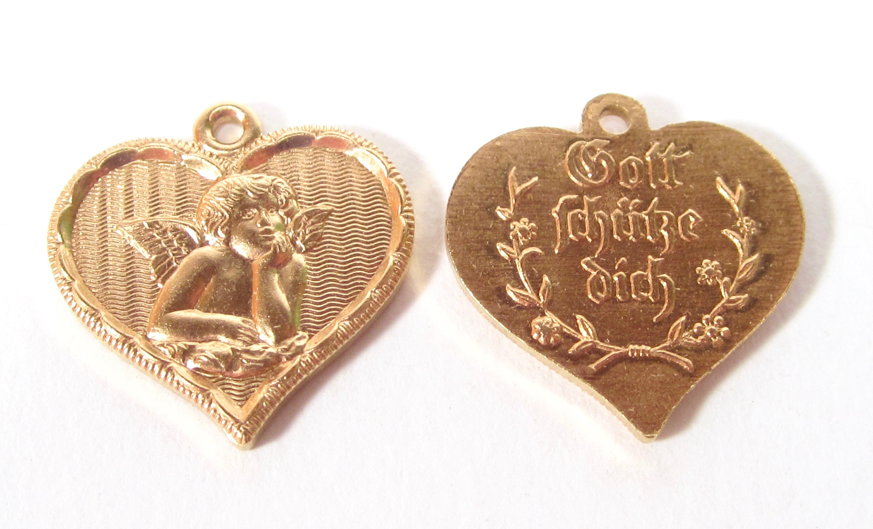 2 Pendants Angel Heart Charms Brass 18mm Metal, God Bless You, Cherub ...